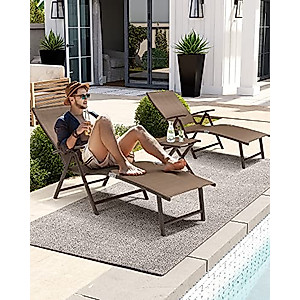 Crestlive Products Folding Patio Chaise Lounge Chair for Outside Aluminum Adjustable Outdoor Pool Recliner Chair, Brown Frame, 8 Positions (2PCS Brown Lounge Chair with 1PC Table)