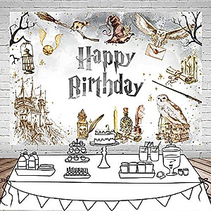 Mocsicka Wizard Birthday Backdrop Magical Castle Witch Wizard School Happy Birthday Photography Background Vinyl Kids Sorcerer Theme Birthday Party Cake Table Decoration Photo Booth (Gray, 7x5ft)