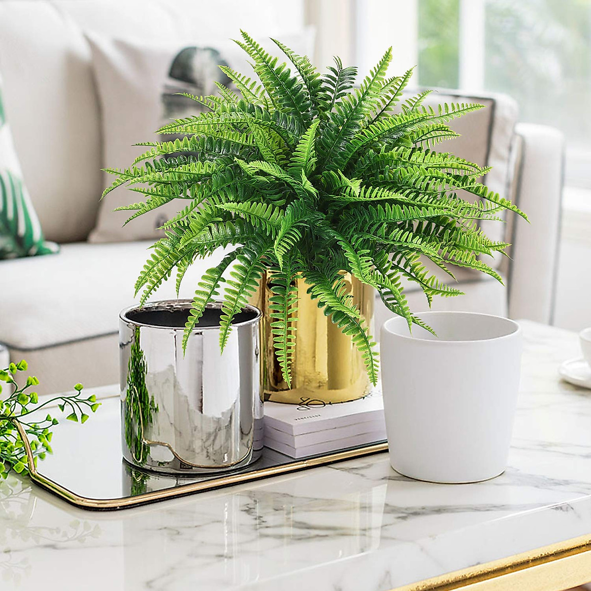 Dolicer 6 Pcs Artificial Boston Fern Plants, Boston Fern Bush Plant Shrubs Artificial Boston Fern Bush Plant Arrangement Greenery Bushes Artificial Shrubs for Wedding Garden Office Verandah Home Decor