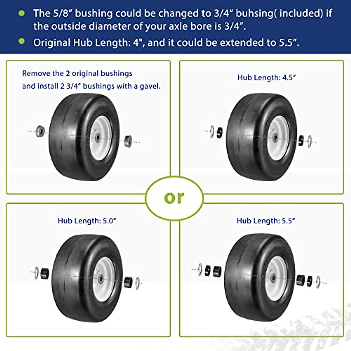 MaxAuto Set of 2 13x6.50-6 Flat Free Lawn Mower Smooth Tires on Wheel for Lawn Mower Garden Tractor(4.0"Centered Hub - Hub Length 4"-7.1" with 5/8" Sintered iron Bushing)