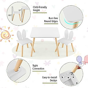 Costzon Kids Table and Chair Set, 3 Pieces Wooden Activity Play Table & 2 Cute Rabbit, Solid Wood Legs, Space-Saving Toddler Furniture for Preschool, Nursery, Children Playroom & Kindergarten (White)