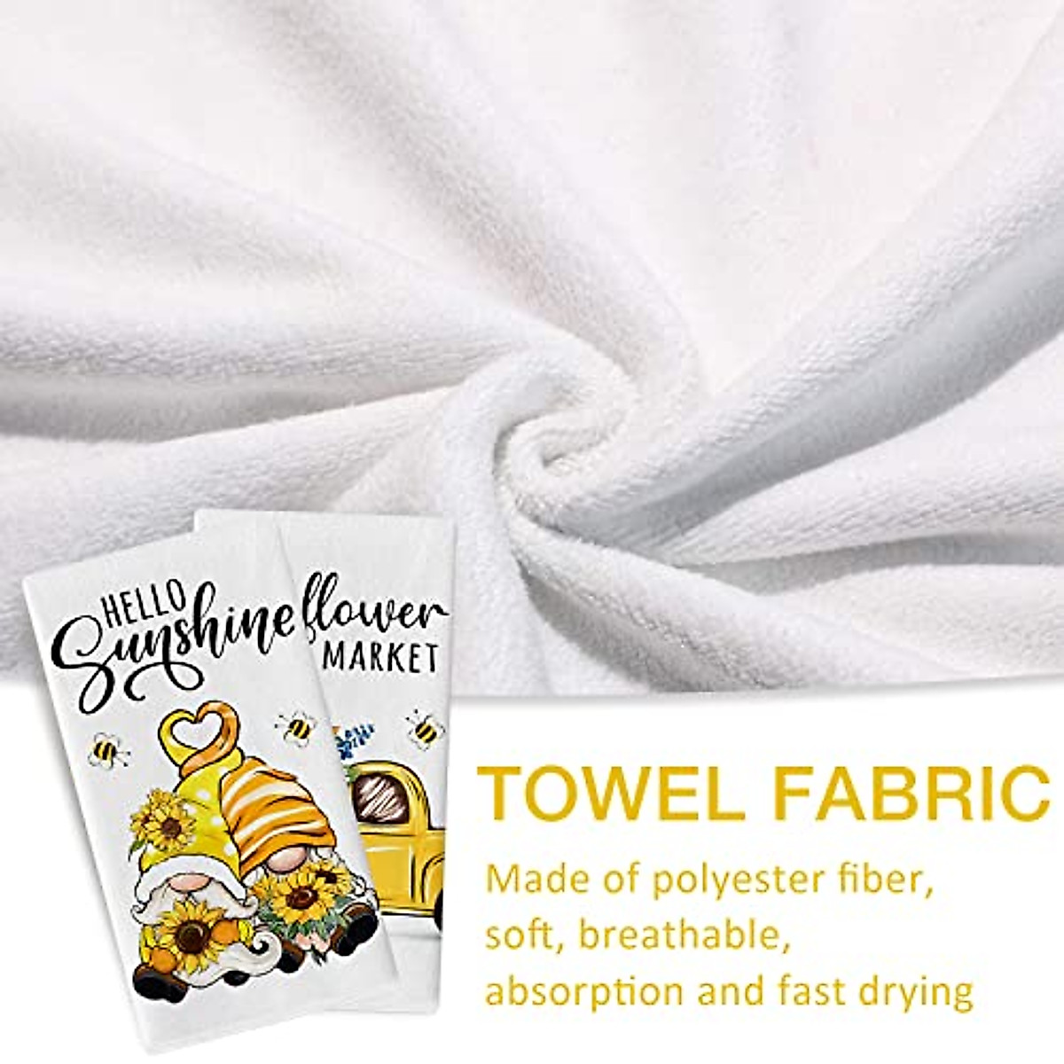 Seliem Summer Hello Sunshine Gnome Kitchen Dish Towel Set of 2, Sunflower Market Floral Flower Truck Hand Towel Bee Drying Baking Cooking Cloth, Spring Seasonal Farmhouse Home Kitchen Decor 18x26 Inch