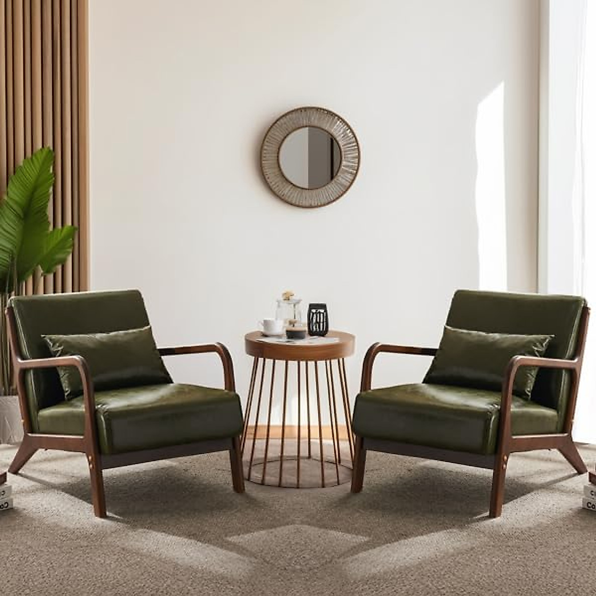 Flulep 80 * 65 * 73cm Single Seat B Style Backrest Without Buckle with Pillow PU Walnut Oak Armrests Indoor Leisure Chair Dark Green