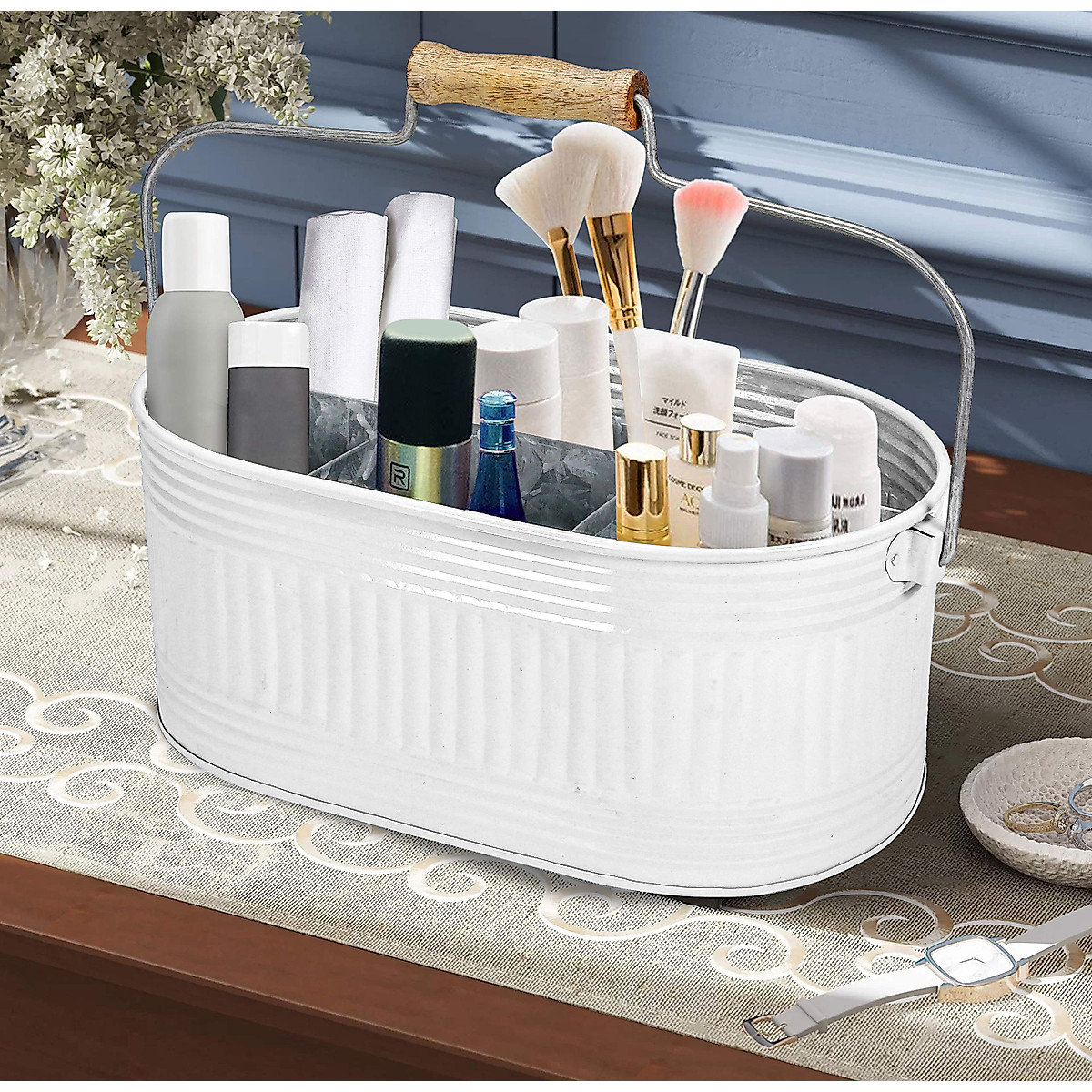 Utensil Caddy, Silverware Caddy Party, Silverware Caddy, Picnic Caddy, Flatware Caddy, Paper Plate Caddy, Galvanized Utensil Caddy, Metal Caddy, Outdoor Utensil Caddy - 13.5 Inches - Salt White/Grey