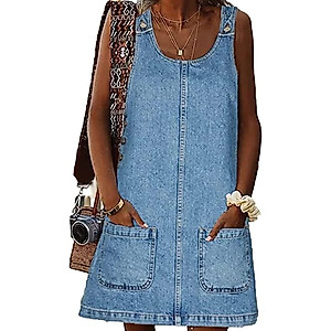BZB Women's Sleeveless Casual Denim Dress Crewneck Vintage Overall Mini Dress with Pockets (Blue, X-Large)