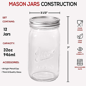 AOZITA 12 Pcs Wide Mouth Mason Jars 32 Oz, Large Canning Jars with Lids and Bands, Colored Plastic Jar Lids, Blank Labels and Chalk Marker, Leak-Proof Airtight Lids for Food Storage, Canning, Favors