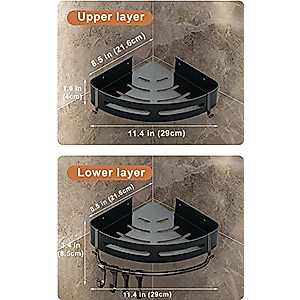 XQIGI Corner Bathroom Shower Shelf No Drill shower caddy Wall Mounted Shampoo Holder 2 Pack with Hooks Caddy Triangle Storage Shelves 2 Tier Bathroom organizer Kitchen Storage Basket (Black)