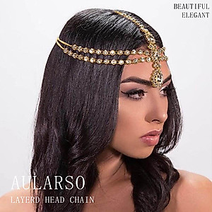 Aularso Layered Head Chain Rhinestone Head Jewelry Gold Wedding Headbands Chain Crystal Fprehead Headpieces for Women (Gold)