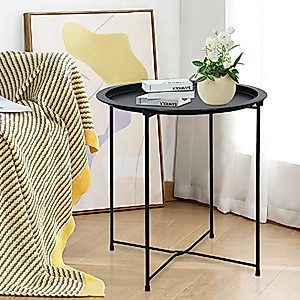 Garden 4 you Folding Tray Metal Side Table Black Round End Table Cyan Sofa Small Accent Fold-able Table, Round End Table Tray, Next to Sofa Table, Snack Table for Living Room and Bed Room