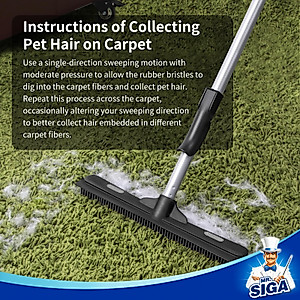 MR.SIGA Pet Hair Removal Rubber Broom with Built in Squeegee, 2 in 1 Floor Brush for Carpet, 62 inch Adjustable Handle, Includes One Microfiber Cloth for Floor Dusting
