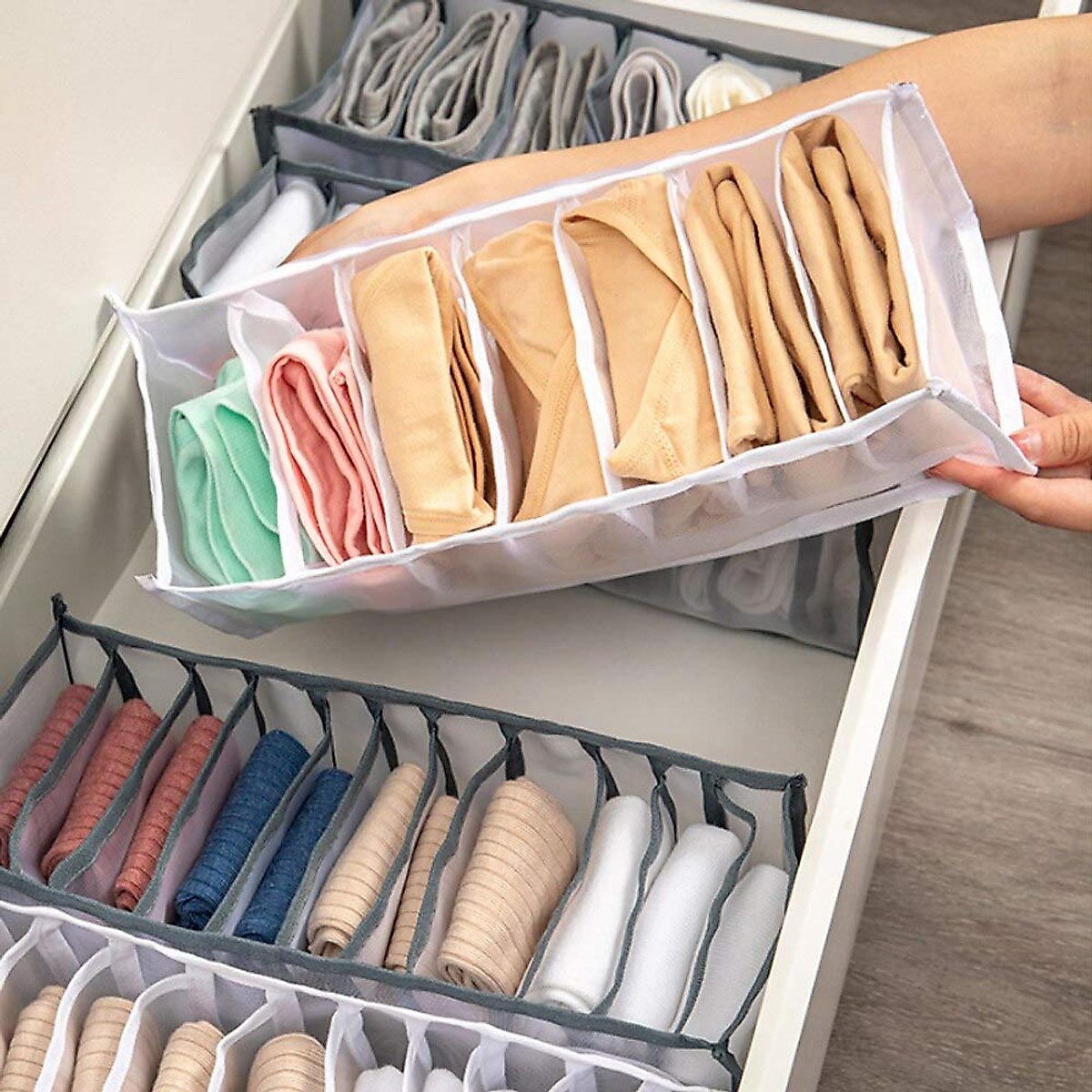 2PCS Clothes Organizer（7 Grids）Drawer Dividers for Clothes - Foldable Grid Storage Box with Multiple Layers