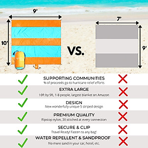 AQUATUS Premium XXL Beach Blanket Sandproof Water Resistant Quick Dry Mat 10ft by 9ft for 1-8 Adults with 4 Metal Stakes, 4 Corner Pockets, Secure Clip and Strap, and Attached Bag