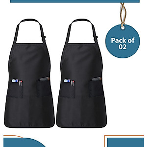 Premium Adjustable Cotton Chef Aprons with 2 Pockets and Bandana, 2 Pack, Kitchen Apron for Women and Men (Black)