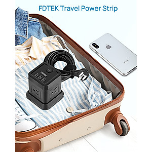 Power Strip with USB, FDTEK Flat Plug Extension Cord with 4 AC and 3 USB, 5 FT Power Cord Desktop Charging Station, Overload Protection, Compact Portable for Travel Home Office Cruise Ship - Black