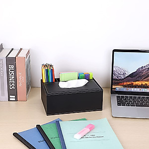 Sumnacon PU Leather Rectangular Tissue Box Cover - Multifunctional Tissue Box Holder with Stationery Remote Control Box, Decorative Tissue Pen Remote Organizer for Home/Office/Car/Restaurant, Black