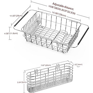 Large Sink Dish Drying Rack, Expandable 304 Stainless Steel Metal Dish Drainer Rack Organizer Shelves with Stainless Steel Utensil Holder Over Inside Sink, Rustproof