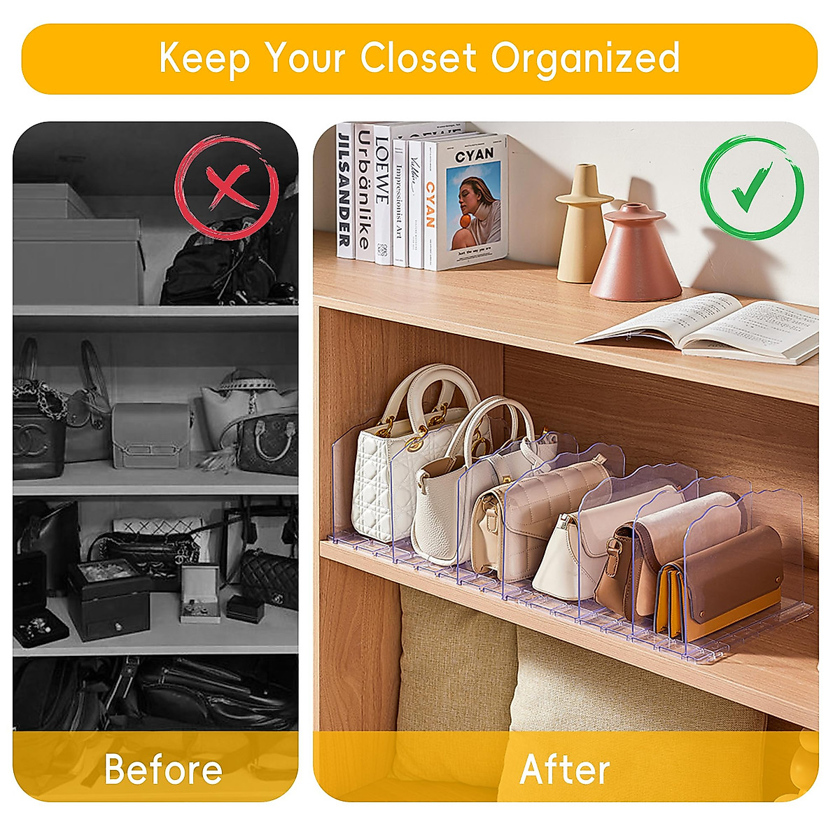 Maelphoo Adjustable Shelf Divider for Closet,Closet Organizers and Storage,Clear Purse Organizer for Closet,Handbag Organizers for Closets,Bookshelf Separator Divider