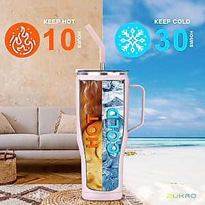Zukro 50 oz Tumbler With Handle And Straw, Large Leak Proof Triple Wall Vacuum Insulated Stainless Steel Cup with Lid Fit in Cup Holder, Keeps Cold 30 Hours, No Sweat, Dishwasher Safe - Pink