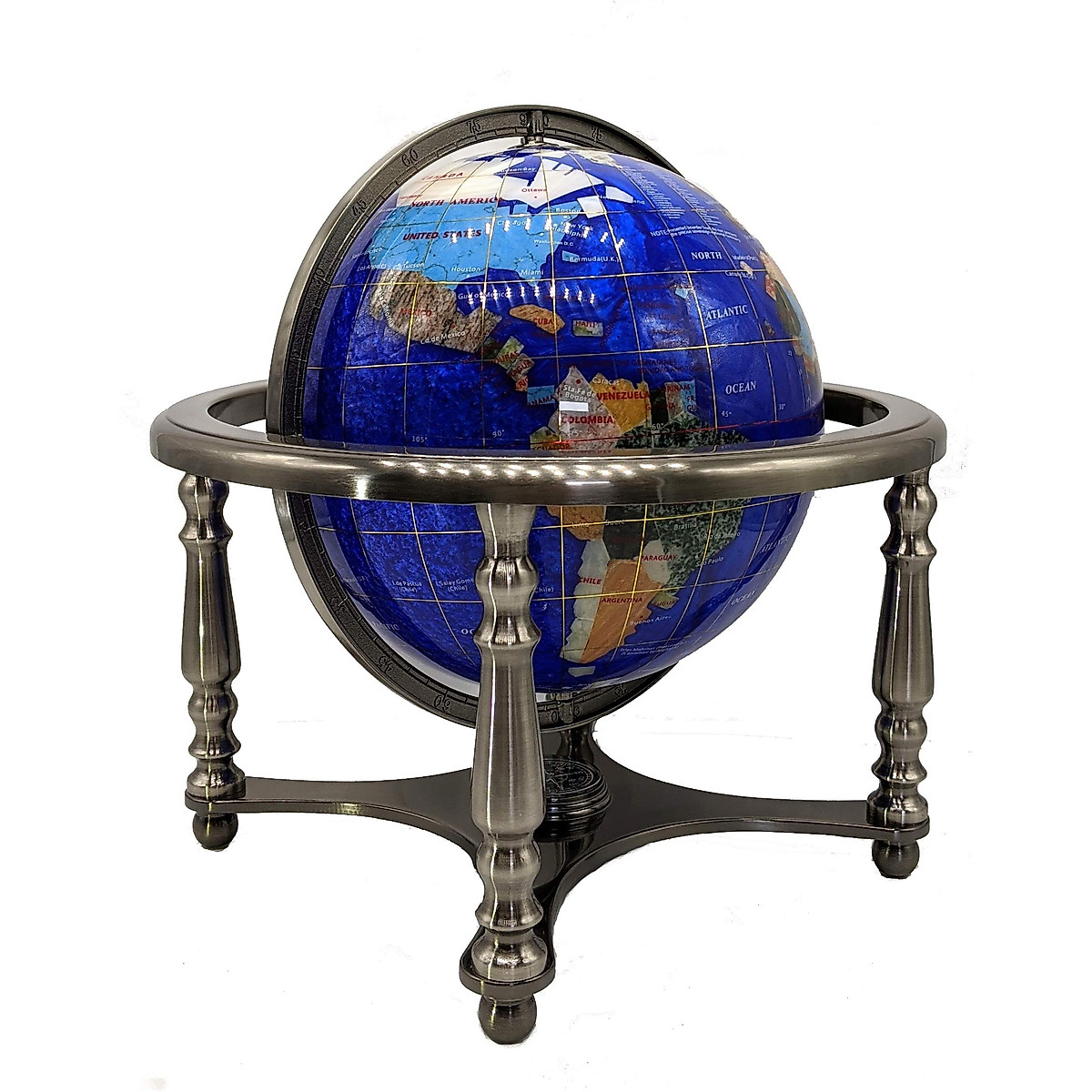 Limited Edition! Unique Art Since 1996 Blue Pearl Swirl Table Top Gemstone World Globe with Silver Zinc Alloy Stand (220MM/9 INCHES 4 LEG/BLUE PEARL OCEAN)
