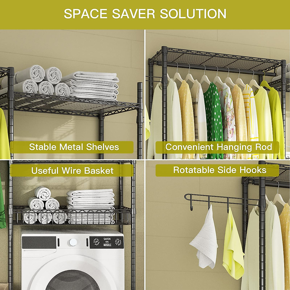 Ulif over Washer and Dryer Shelves, Laundry Room Storage Rack, Laundry Space Saver with Wire Basket and 2 Hooks, 57.8" L x 13.4" D x 76.7" H, Black