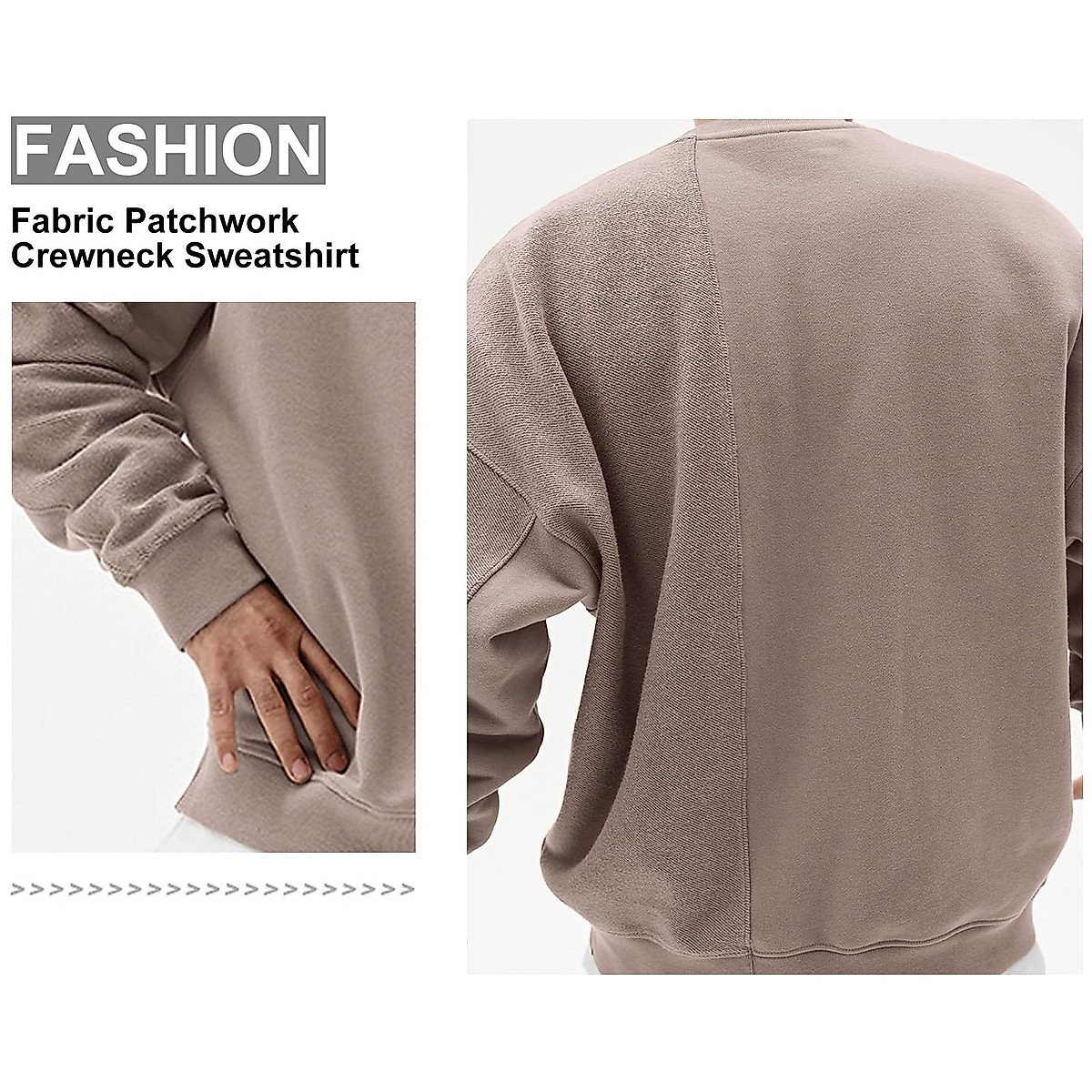 Surenow Mens Patchwork Crewneck Sweatshirt Long-Sleeve Lightweight Terry Sweatshirt Casual Workout Pullover Shirt Tops Khaki