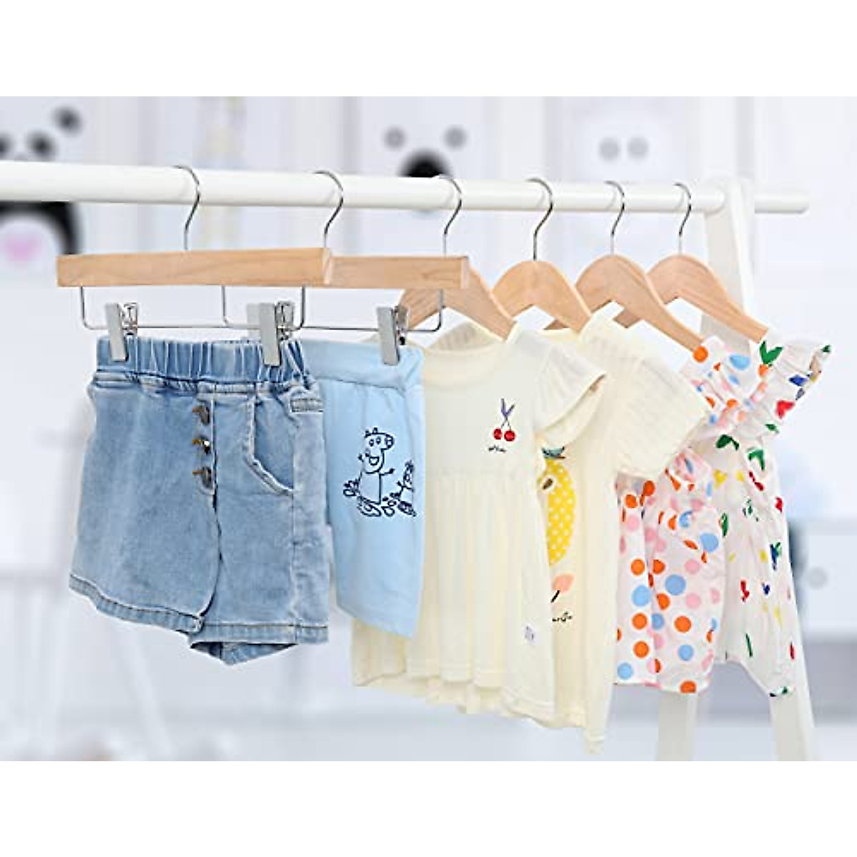 TOPIA HANGER 11.8'' Unfinished/Natural Wooden Pants Skirt Hangers for Kids Baby Toddler Children, Extra Thick Chrome Hooks & Anti-Wrinkle Premium Flat Clips 10 Pack CT09PN