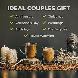 GLORAMA Double Walled Glass Coffee Mugs for Couples - Espresso Cups, Coffee Cups for Couples with Gold Line Art Inscription, Freezer & Microwave Safe (12oz)