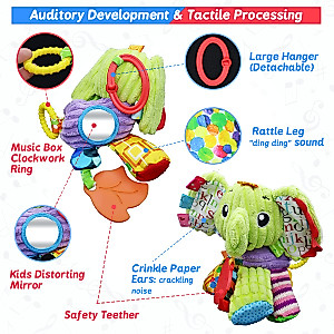 Car Seat Toys Baby Toy Infant Toy with Musical Box Stroller Toys Crib Toy Development Toy with Rattles Crinkle Teether Magic Mirror, Stroller Clip-On Carseat Cot Crib Bed Hanging Toy - Elephant