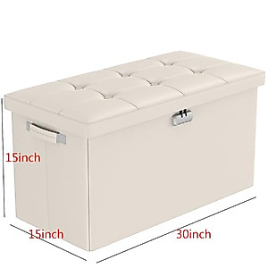 Tamfile 30 inches Folding Storage Ottoman with Lock,Fireproof Bedroom Bench with Storage,Beige Footrest with Foam Padded Seat,Ottoman Foot Rest for Bed Room,Storage Chest, Foot Rest Stool