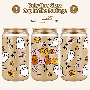 Fairy's Gift Halloween Spooky Cup, Cute Ghost Glass Cup with Lid and Straw, Spooky Babe & Ghost Skulls Halloween Cup, Spooky Ice Coffee Cup - Halloween Gifts, Spooky Gifts for Women, Teens, Her