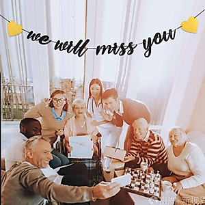 We Will Miss You Banner Sign for Retirement Farewell Party Decorations Black Glitter Pre-Strung Banner for Goodbye Party (Gold Heart)