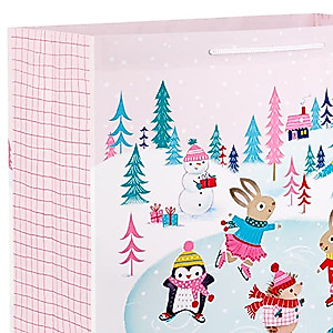 Hallmark 15" Extra Large Christmas Gift Bags (2 Bags: Pink and Blue, Penguins, Hedgehogs, Santa, Snowmen, Dog, Bunny Rabbits) for Kids, Grandchildren, Baby Showers