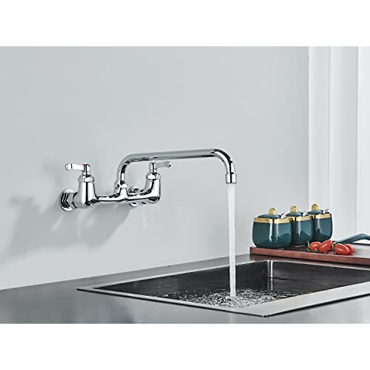 𝗚𝗺𝘂𝘀𝗿𝗲 𝗖𝗼𝗺𝗺𝗲𝗿𝗰𝗶𝗮𝗹 𝗞𝗶𝘁𝗰𝗵𝗲𝗻 𝗙𝗮𝘂𝗰𝗲𝘁 Wall Mount 8 Inch Center Kitchen Sink Faucet with 12 Inch Swivel Spout 2-Handle Faucets for Kitchen Home Restaurant Chrome Polished