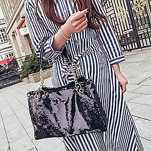 FENICAL Tote Purse Sequin Handbag Zipper Shoulder Bag Glitter Top-handle Bag for Women Ladies Girls - Black