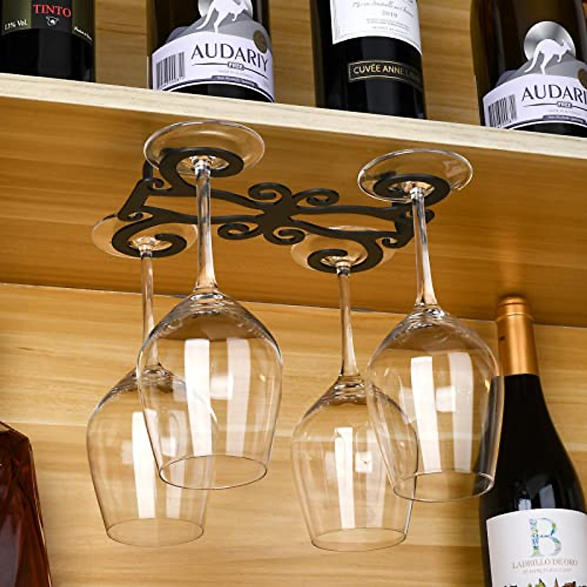 SNKINE Wine Glass Rack - Butterfly Stemware Racks Under Cabinet Wine Glasses Holder Hanging Shelf Black Iron 7.87inch Storage Hanger for Bar Kitchen (2 Packs) (SNKINE-Racks)