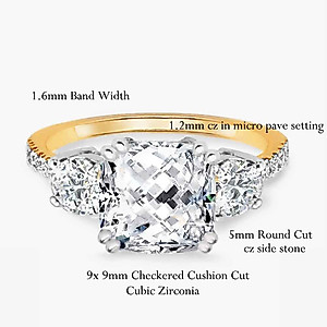Samie Collection 3 Stone Cushion Cut Simulated Diamond Engagement Ring with Side Stones in Yellow Gold & White Gold Plating, Size 8