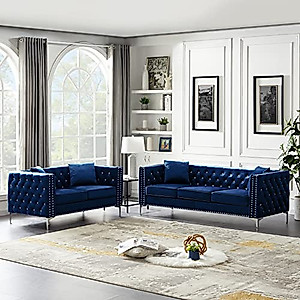 Fulocseny 2 Piece Modern Velvet Upholstered Living Room Sofa Set with 3-Seater Sofa and Loveseat, Jeweled Button Tufted Copper Nails Square Arms, 4 Pillows Included,5 Seater (Blue + Velvet)
