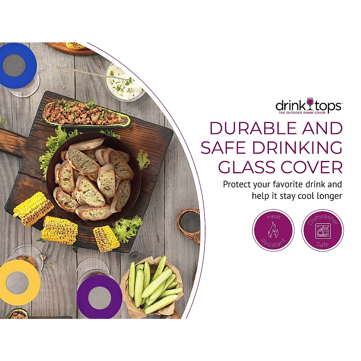 Coverware Drink Tops Ventilated Silicone Wine Glass Covers - Weighted Cover with Screen Allows Wine to Breathe - Outdoor Wine Glass Covers to Keep Particles Out - BPA Free - 4 Pack