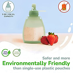 KAANG Silicone Baby Food Pouches Refillable 5oz 2 Pack, Reusable Food Pouches for Baby Food Storage with Spoon Feeder for Toddlers and Babies, Make Homemade Organic Food (Green)