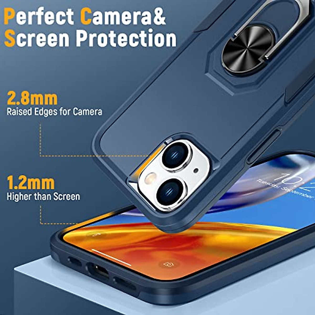 Oterkin for iPhone 14 Case,iPhone 14 Phone Case with[2x9H Glass Screen Protector][360°Rotatable Ring Kickstand],Military Grade Dropproof Shockproof Phone Case for iPhone 14 5G 2022-Blue