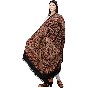 Exotic India Reversible Jamawar Shawl with Woven Paisleys - Color Caviar Black