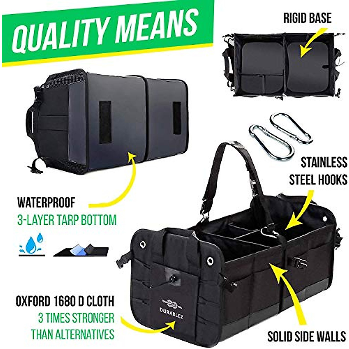 DURABLEZ 4 Compartment Separable Collapsible Car Trunk Storage Organizer for SUV Minivan Truck Sedan - XXL, Black