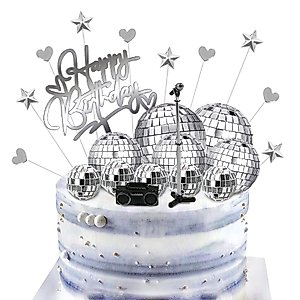 23PCS Disco Ball Cake Toppers 70's Disco Theme Cake Decoration Set with DJ Bling Silver Mirror Balls Centerpiece and Mini Microphone Radio Toy Decor for Women Men 1970s Dance Birthday Party Supplies