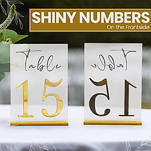 Table Numbers-Mirrored Gold Table Numbers & Base-Frosted Acrylic Table Numbers -Wedding Decorations for Reception-Minimalistic font table number stands 7x5-wedding table numbers for wedding reception