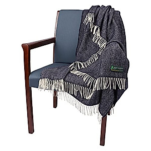 Biddy Murphy Irish Wool Throw Toss Blanket, 79" x 57" Inches, 3" Fringe, Traditional Herringbone Weave, Heirloom Quality, Imported from Ireland, Darkened Navy