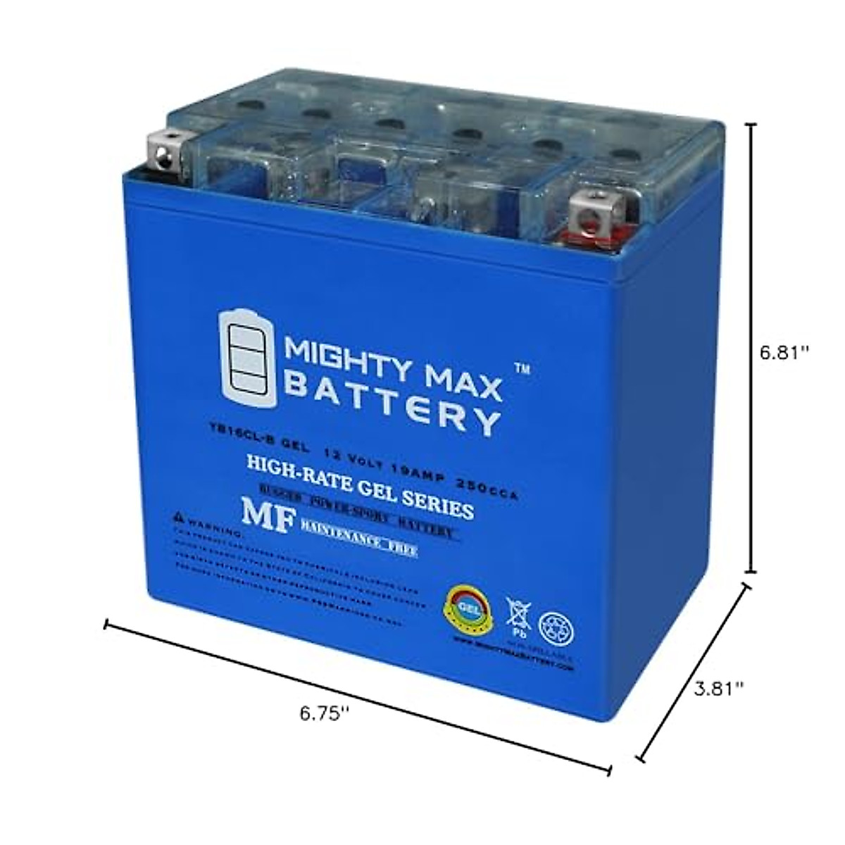 Mighty Max Battery YB16CL-B -12 Volt 19 AH, GEL Type, 250 CCA, Rechargeable Maintenance Free SLA AGM Motorcycle Battery