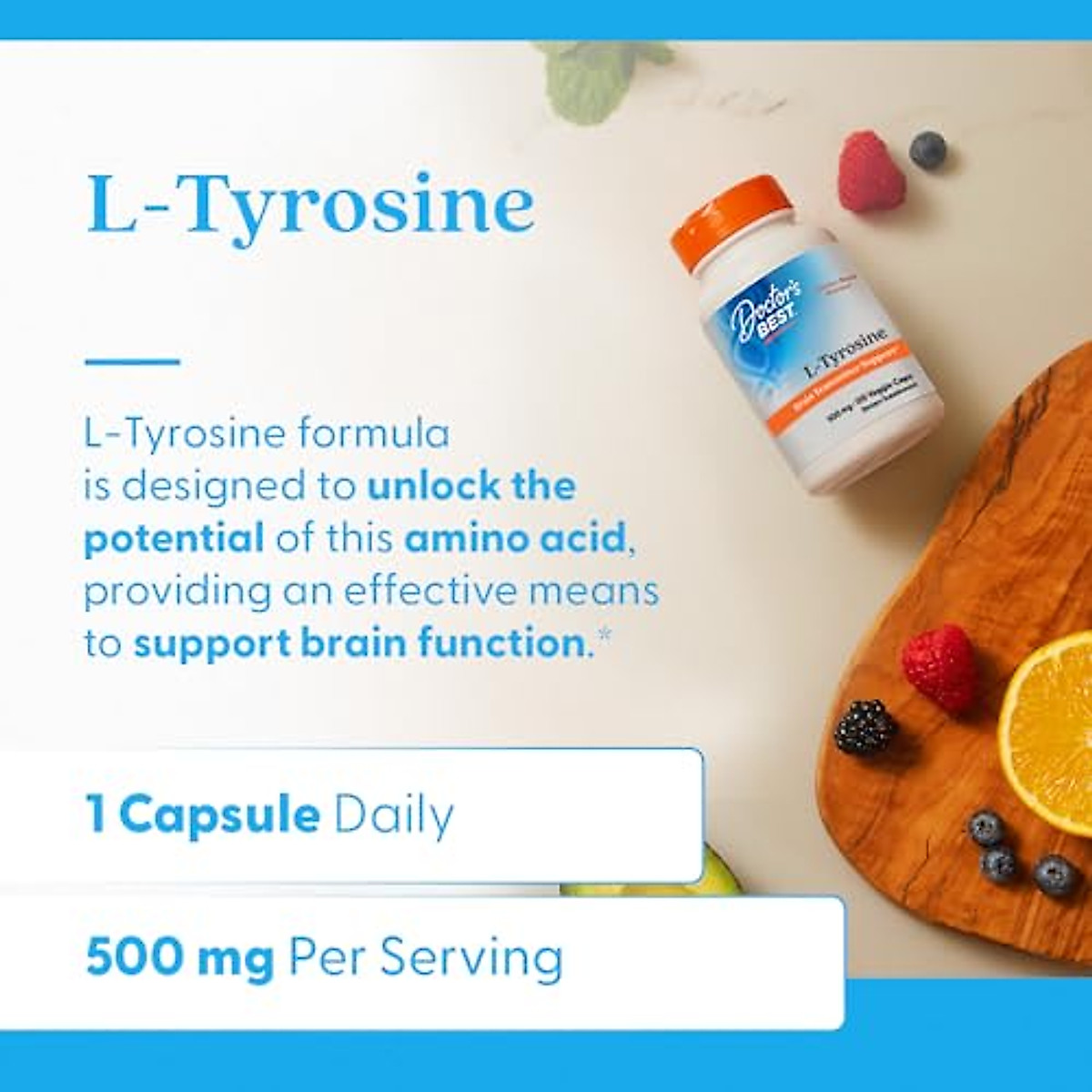 Doctors Best L-Tyrosine, 500 mg, Brain Transmitter Support, Non-GMO, Gluten Free 120 Veggie Caps