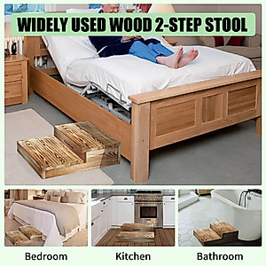 Wooden 2 Step Stool for High Beds, Moderate & Applicable 2-Step Stools for Seniors, Solid Wood steppingStool, Built-in Handle for Easy Carrying, 20.0" W