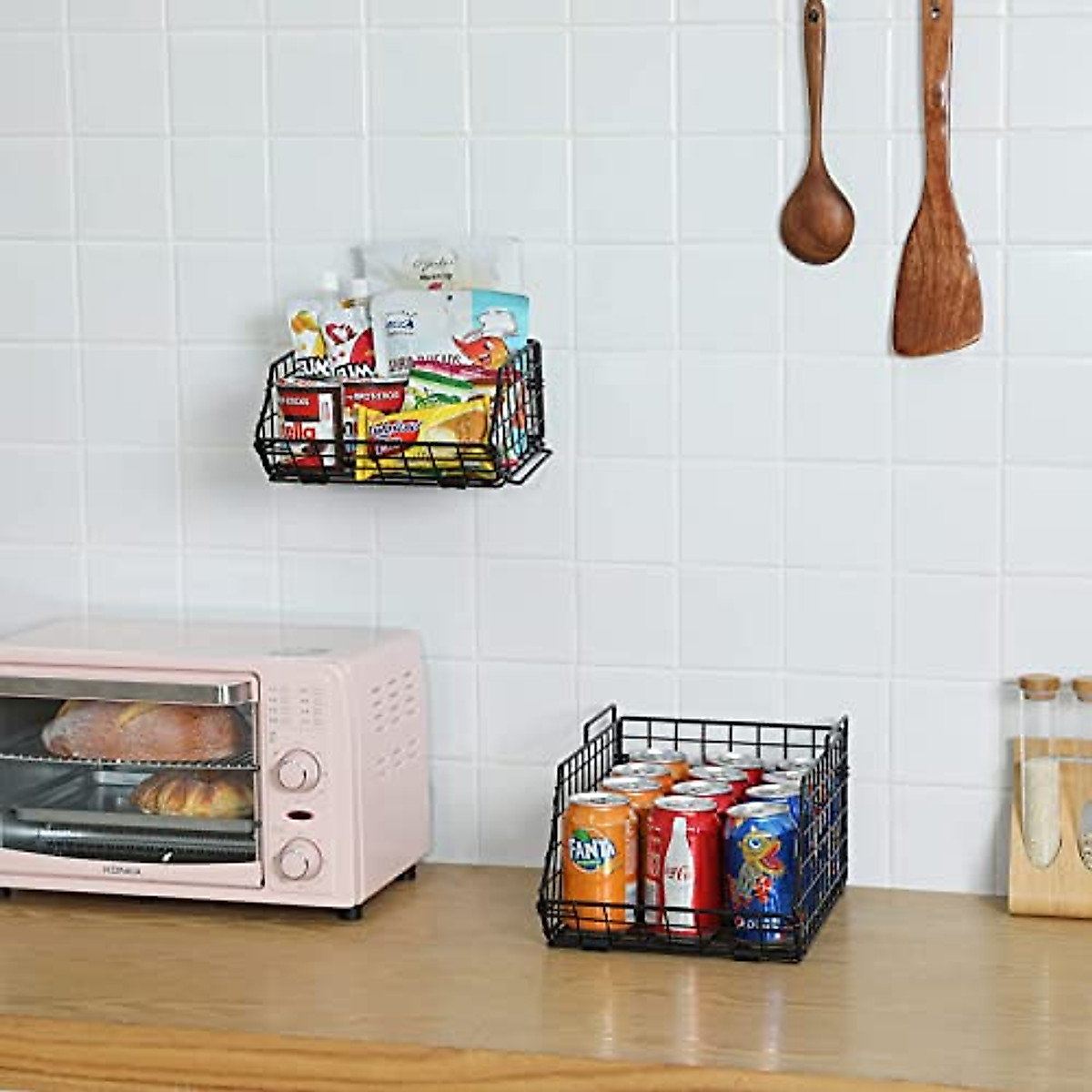 LUMAMU 2-Tier Stackable Wire Baskets for Storage Pantry, Hanging Wall Basket with Removable Dividers Countertop Basket Organizer for Snack Fruit Veggies Canned Food, Black