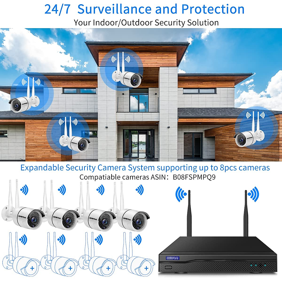 [2-Antenna Signal Enhance & 100ft Super Night Vision] Wireless Security Camera System Outdoor, 4pcs 5.0MP CCTV Camera Security System Wireless, Home Wi-Fi Video Surveillance NVR Kits for Businesses